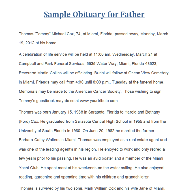 4+ Customizable Father Obituary Examples in MS WORD